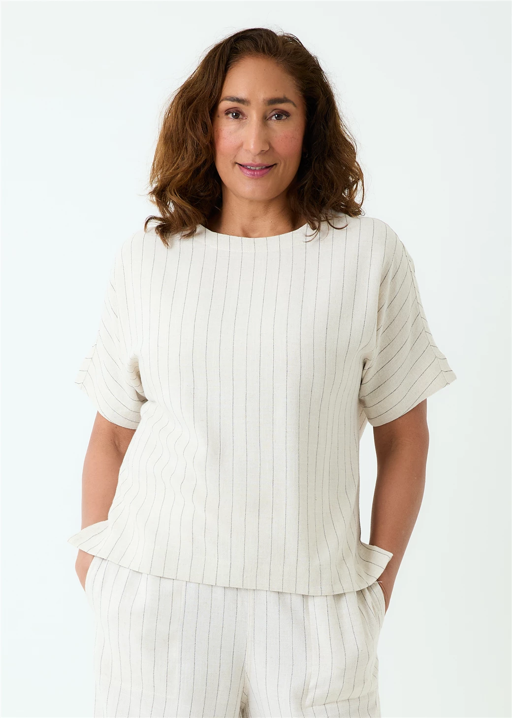 Linen Viscose Stripe Keyhole Back Top