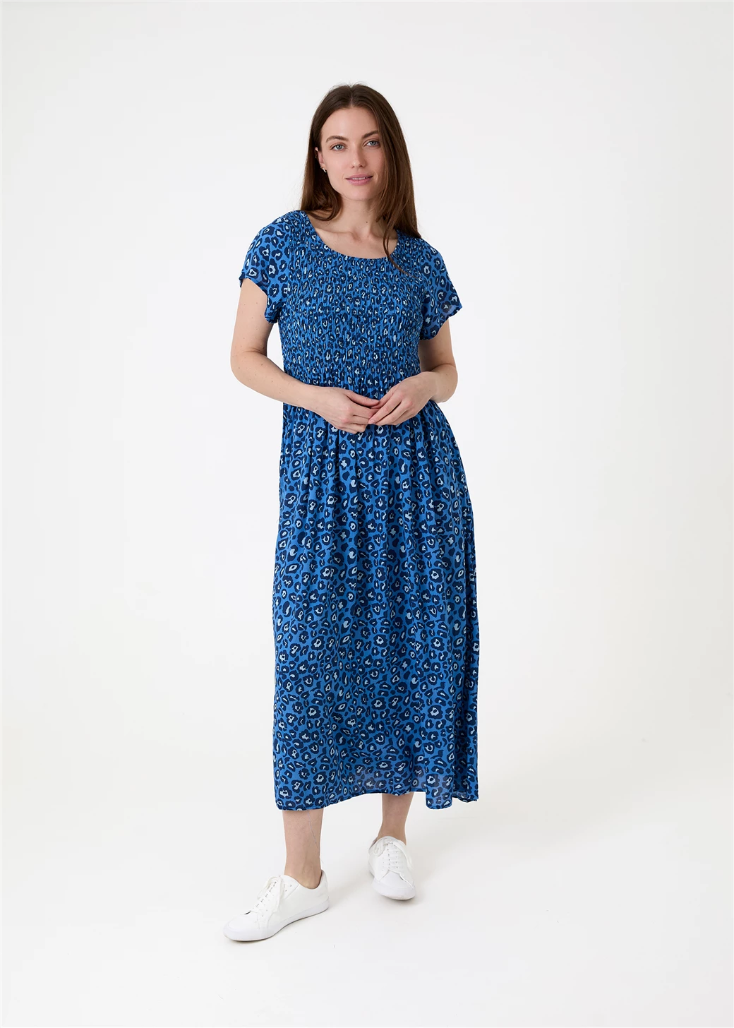 Tonal Leopard Short Sleeve Shirring Dress