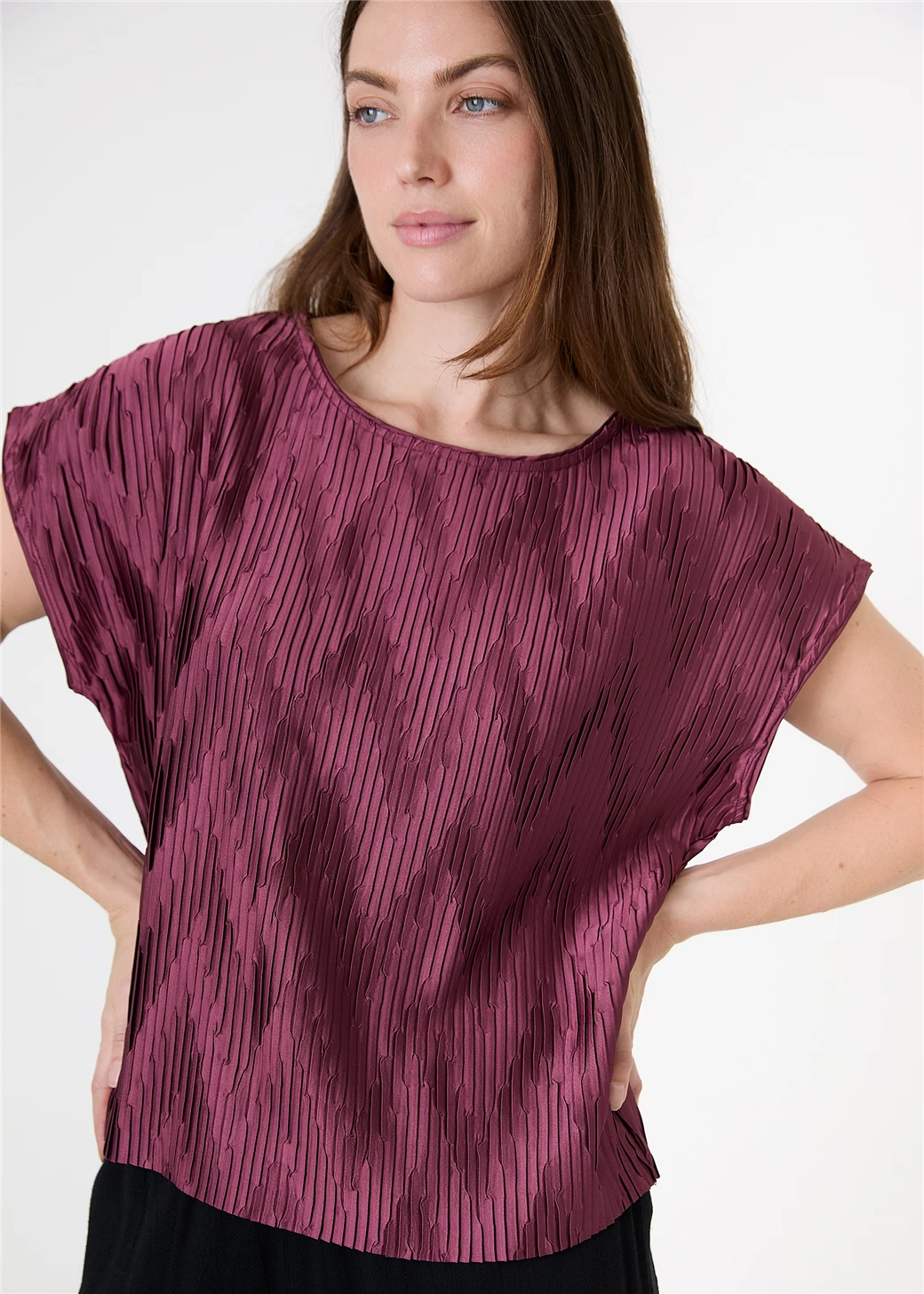 Chevron Pleat Cap Sleeve Satin Top