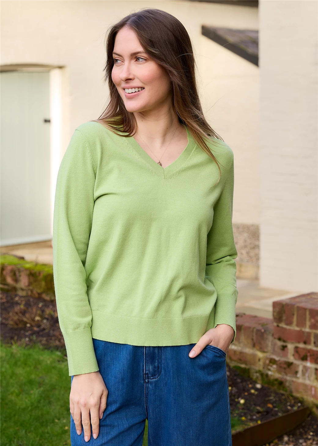 Cashmere Like Deep Cuff Fitted v Neck Jumper
