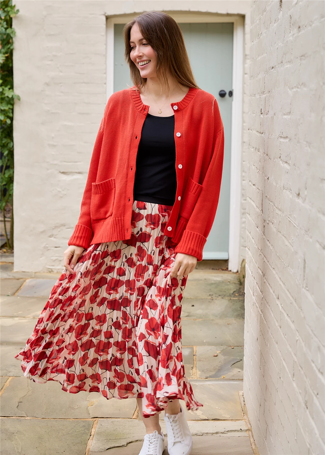 Painterly Poppies Pleated Skirt