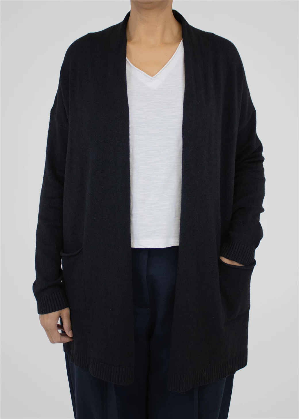 Cashmere Like Soft Collar Long Cardi W/Fashioned Pkts